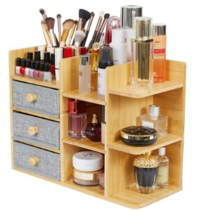 makeup organizer countertop, cosmetic skincare organizers with 3 makeup brush holders/3 drawers/7 storage shelves, elegant bamboo make up storage organizers holder for counter vanity dresser bathroom