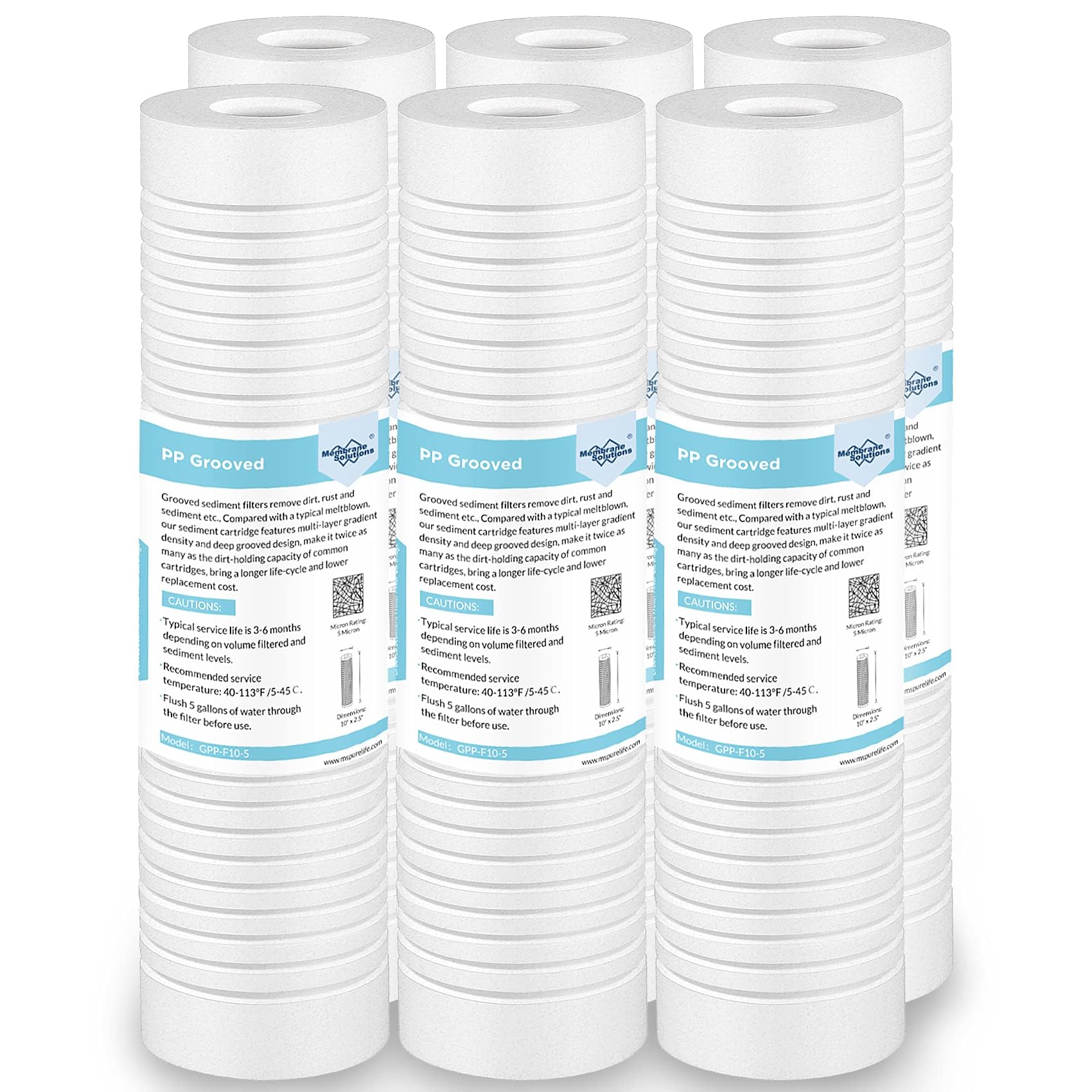 Grooved Sediment Water Filter Cartridge (6 Pack), Membrane Solutions 30 Micron Whole House Water Filter Universal Replacement 10"x2.5" for 10 inch RO Unit, Whole House Under-Sink Filtration System