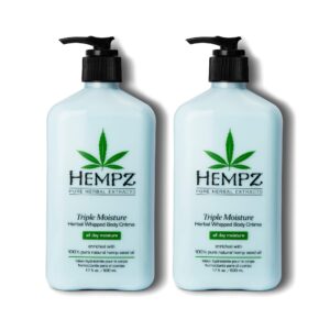 hempz natural triple moisture herbal whipped body cream with 100% pure hemp seed oil for 24-hour hydration, moisturizing vegan skin lotion with yangu oil, peach and grapefruit, 17 fl oz (pack of 2)