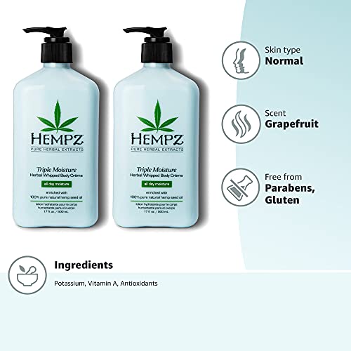 Hempz Natural Triple Moisture Herbal Whipped Body Cream with 100% Pure Hemp Seed Oil for 24-Hour Hydration, Moisturizing Vegan Skin Lotion with Yangu Oil, Peach and Grapefruit, 17 Fl Oz (Pack of 2)