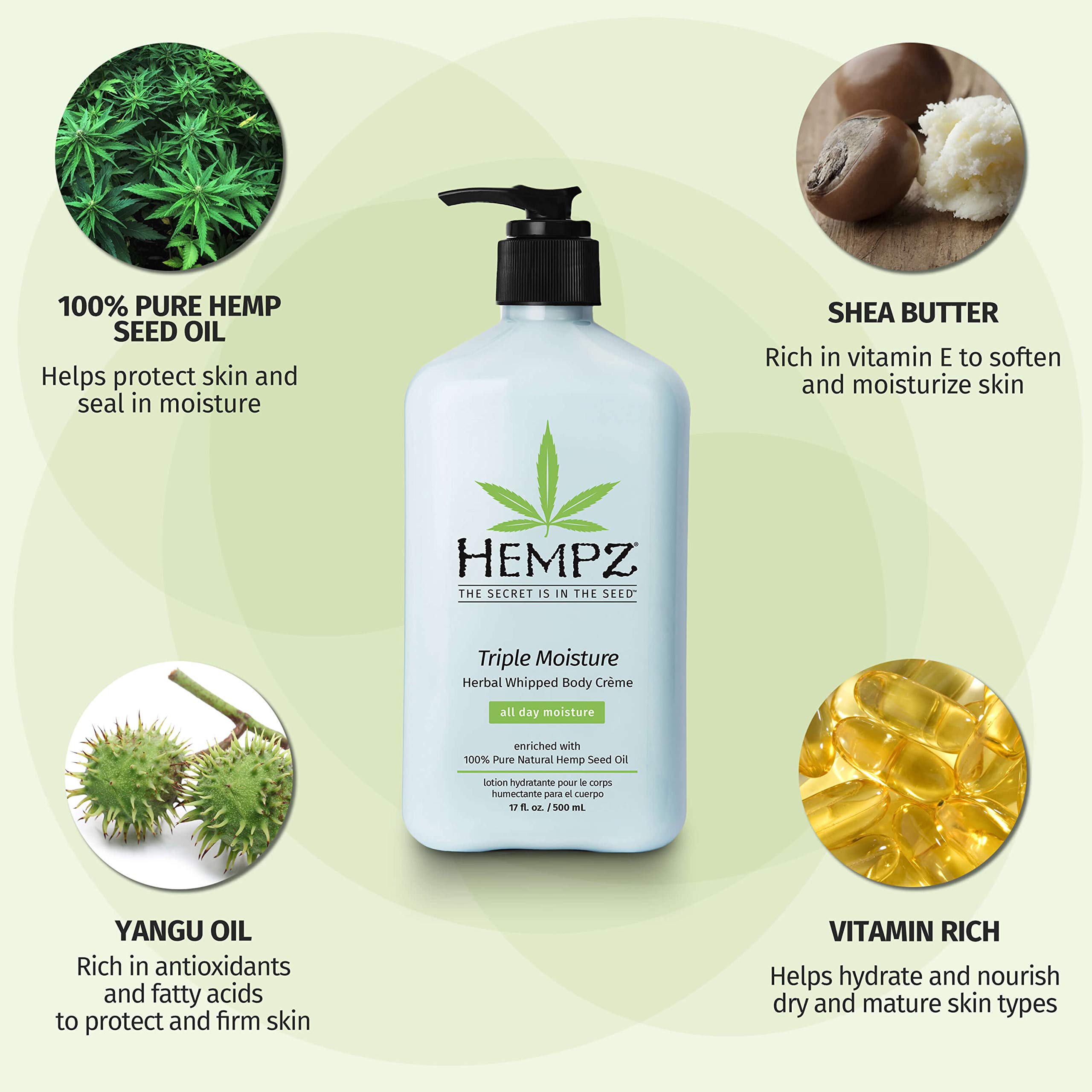 Hempz Natural Triple Moisture Herbal Whipped Body Cream with 100% Pure Hemp Seed Oil for 24-Hour Hydration, Moisturizing Vegan Skin Lotion with Yangu Oil, Peach and Grapefruit, 17 Fl Oz (Pack of 2)