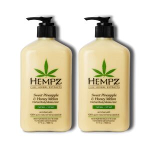 hempz sweet pineapple & honey melon moisturizing skin lotion, natural hemp seed herbal body moisturizer with jojoba, natural extracts, vitamin a and e, 17 oz, 2 pack bundle