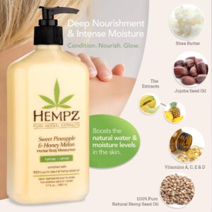 Hempz Sweet Pineapple & Honey Melon Moisturizing Skin Lotion, Natural Hemp Seed Herbal Body Moisturizer with Jojoba, Natural Extracts, Vitamin A and E, 17 oz, 2 Pack Bundle