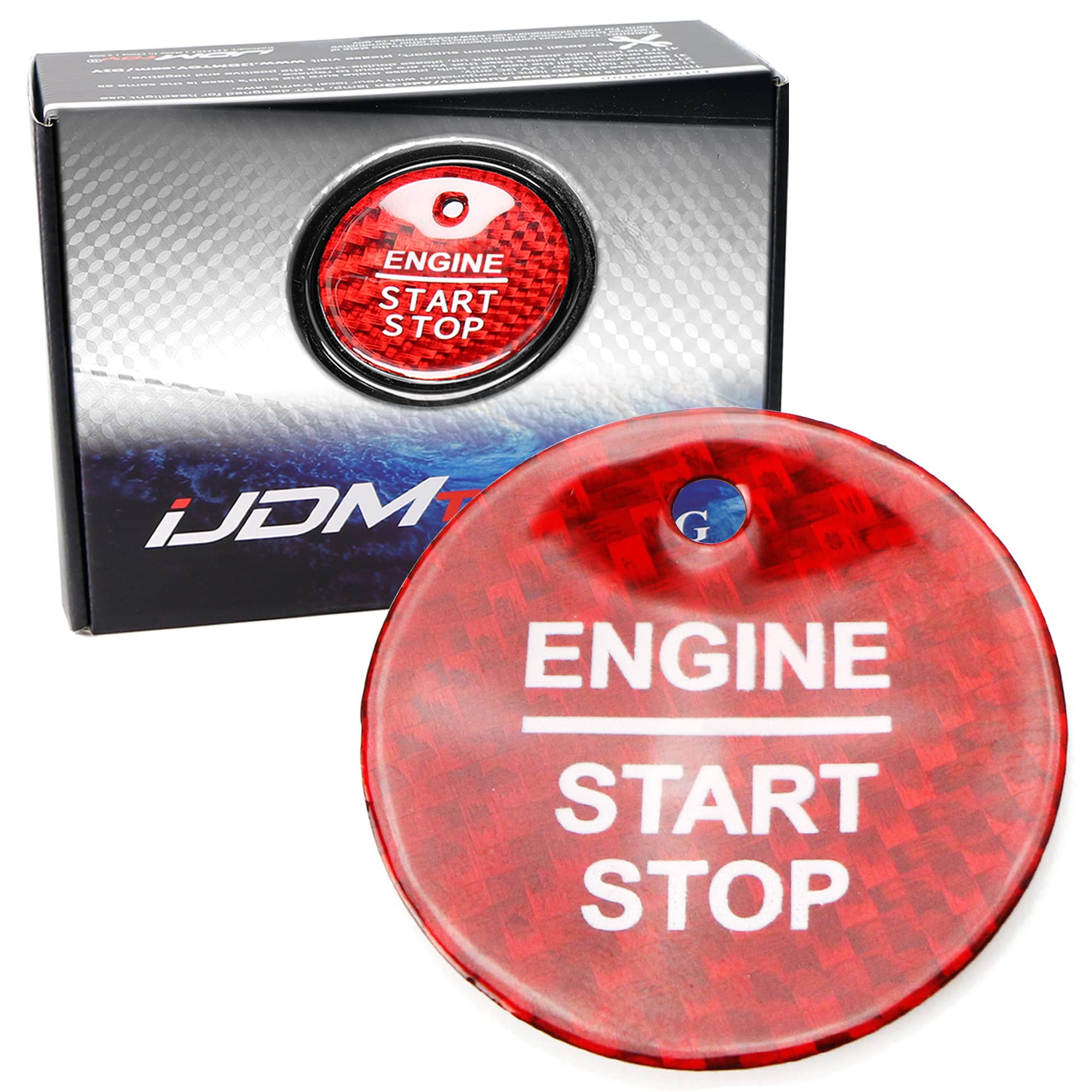 iJDMTOY Gloss Red Real Carbon Fiber Keyless Engine Start/Stop Push Start Button Cover w/Indicator Light Opening, Compatible with Ford F-150 Raptor Explorer Fusion Expedition Edge Taurus, etc