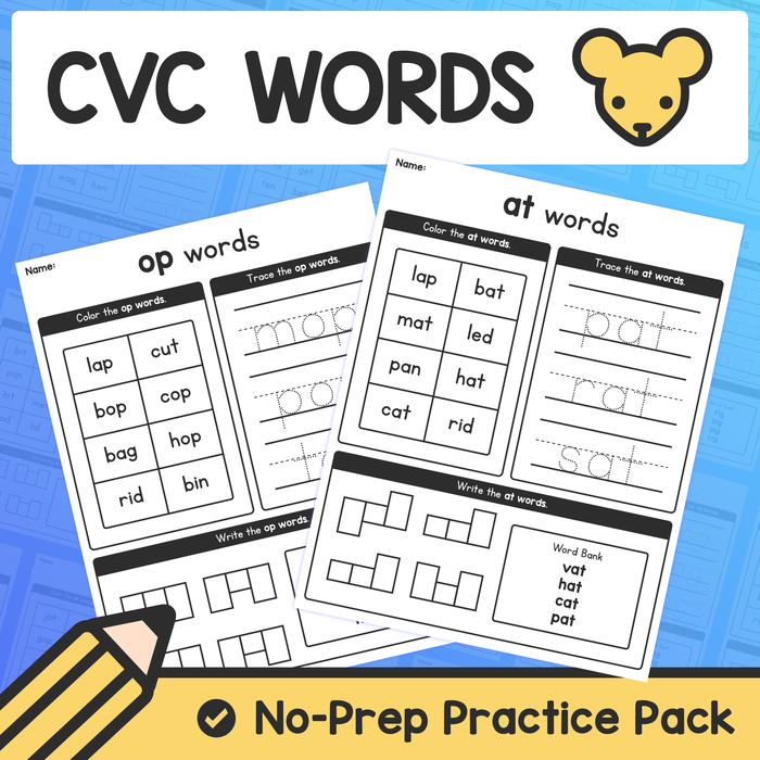 CVC Words – No Prep CVC Word Families Practice Pack – Kindergarten English Common Core Worksheets