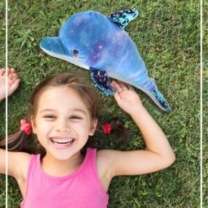 DolliBu Dolphin Space Sequin Plush - Dolphin Stuffed Animal Reversible Sequin Plush, Space-Themed Cute Stuffed Animals for Girls and Boys, Perfect Reversible Plush Dolphin for Room Décor - 12 Inches