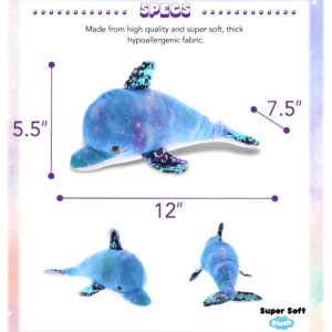 DolliBu Dolphin Space Sequin Plush - Dolphin Stuffed Animal Reversible Sequin Plush, Space-Themed Cute Stuffed Animals for Girls and Boys, Perfect Reversible Plush Dolphin for Room Décor - 12 Inches