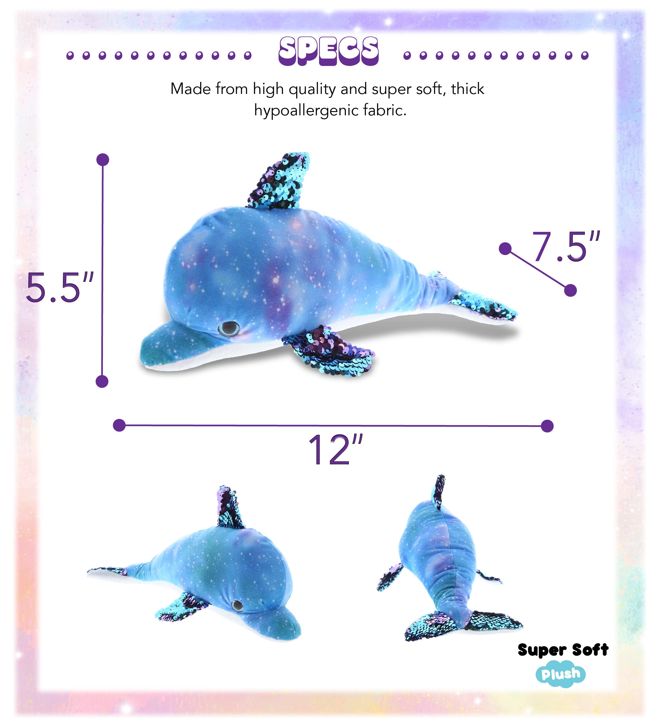 DolliBu Dolphin Space Sequin Plush - Dolphin Stuffed Animal Reversible Sequin Plush, Space-Themed Cute Stuffed Animals for Girls and Boys, Perfect Reversible Plush Dolphin for Room Décor - 12 Inches