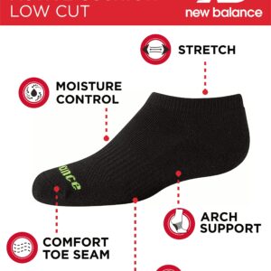 New Balance Boys' Performance No Sweat Low Cut Socks with Arch Support (8 Pack), Size Large, Black