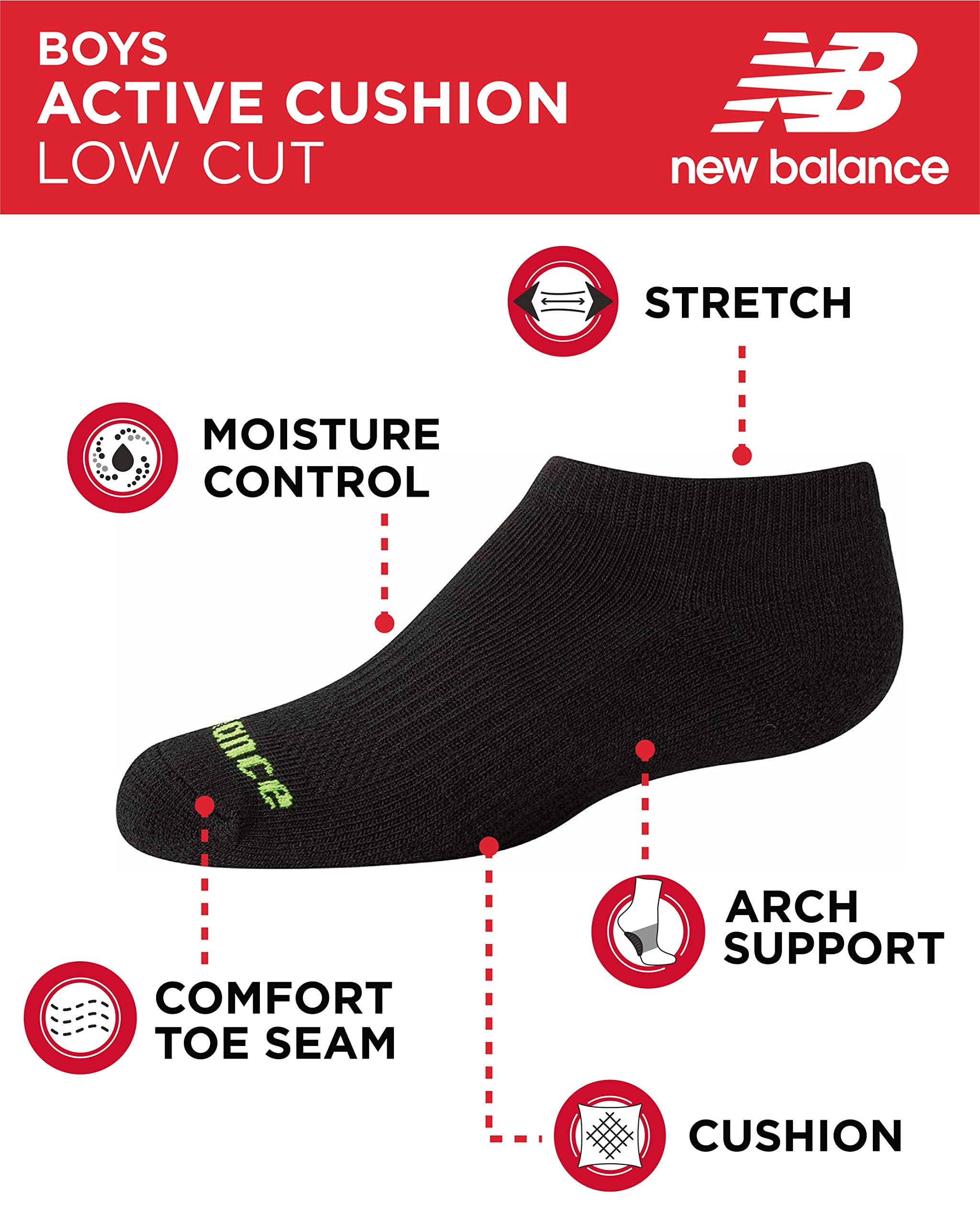 New Balance Boys' Performance No Sweat Low Cut Socks with Arch Support (8 Pack), Size Large, Black