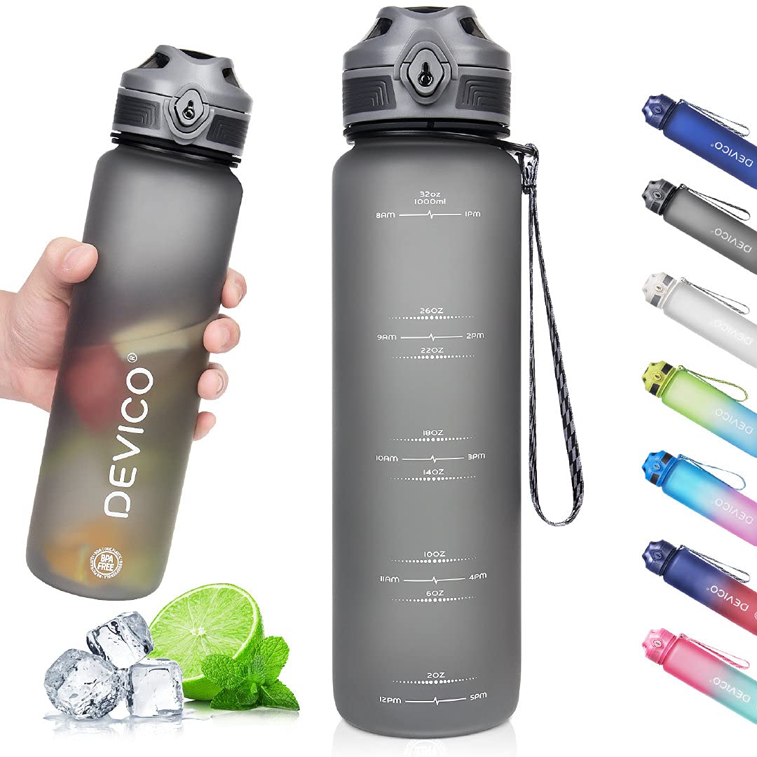 DEVICO 32oz Water Bottle with Time Marker, BPA Free & Frosted Tritan Plastic, Fast Flow & Leak Proof Flip Lid, Best Choice for Cycling, Running, Camping or Office Work