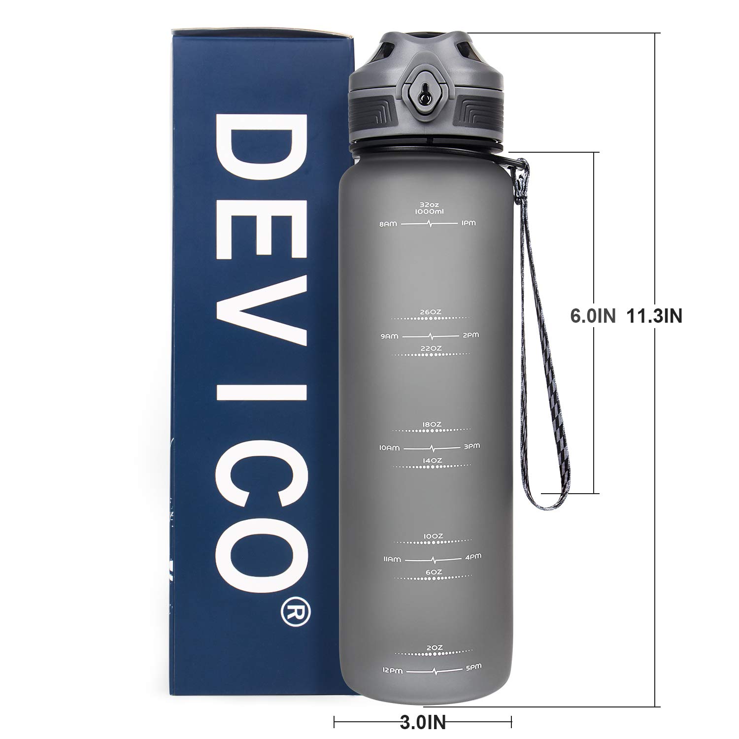 DEVICO 32oz Water Bottle with Time Marker, BPA Free & Frosted Tritan Plastic, Fast Flow & Leak Proof Flip Lid, Best Choice for Cycling, Running, Camping or Office Work