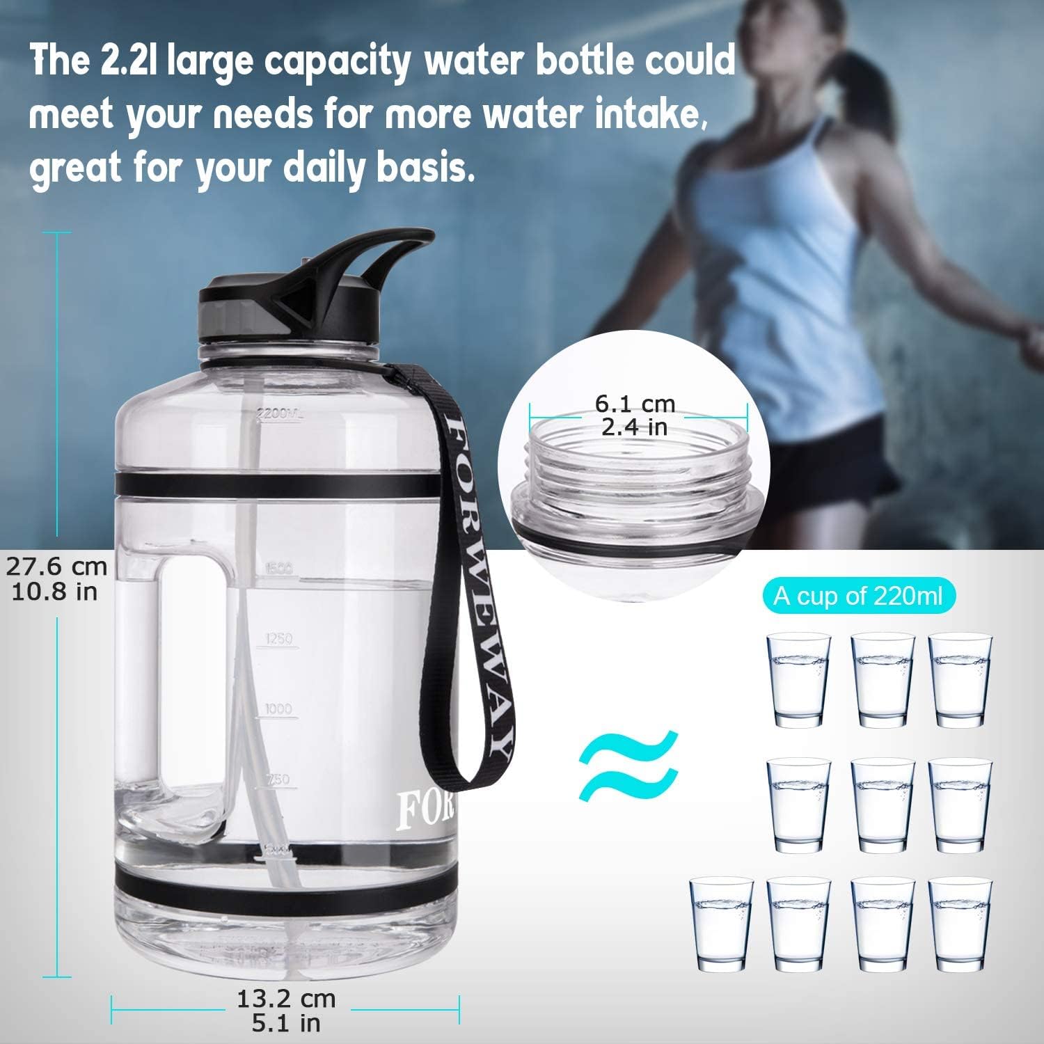 FORWEWAY Half Gallon Water Bottle with Straw Leakproof Sports Water Bottle BPA Free Plastic Water Bottle with Handle 2.2L/74oz Gallon Water Jug for Sports