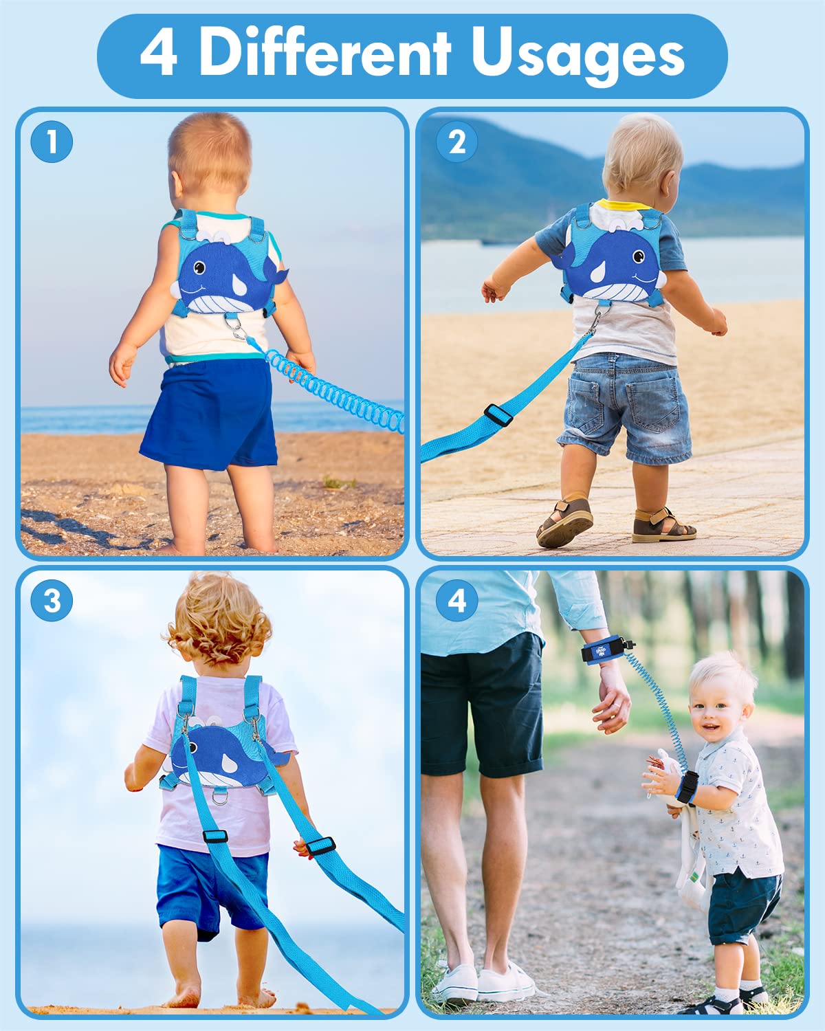 Lehoo Castle Toddler Leash for Walking, Baby Leashes for Toddlers 4-in-1, Kid Harness with Leash, Child Safety Leash Anti Lost Wrist Link (Whale)