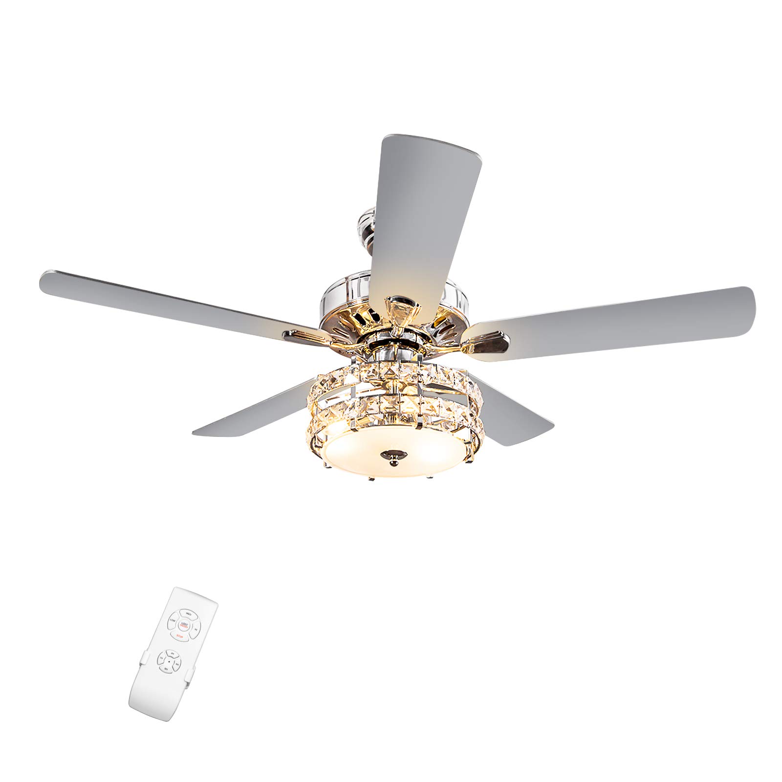 Tangkula Ceiling Fan with Crystal Light, 52 Inches Classical Ceiling Fan with Remote Control & 5 Iron Reversible Blades, 3 Speeds & 8 Hours Timer Function & Mute Motor (Silver)