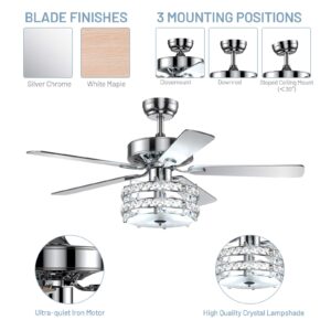 Tangkula Ceiling Fan with Crystal Light, 52 Inches Classical Ceiling Fan with Remote Control & 5 Iron Reversible Blades, 3 Speeds & 8 Hours Timer Function & Mute Motor (Silver)