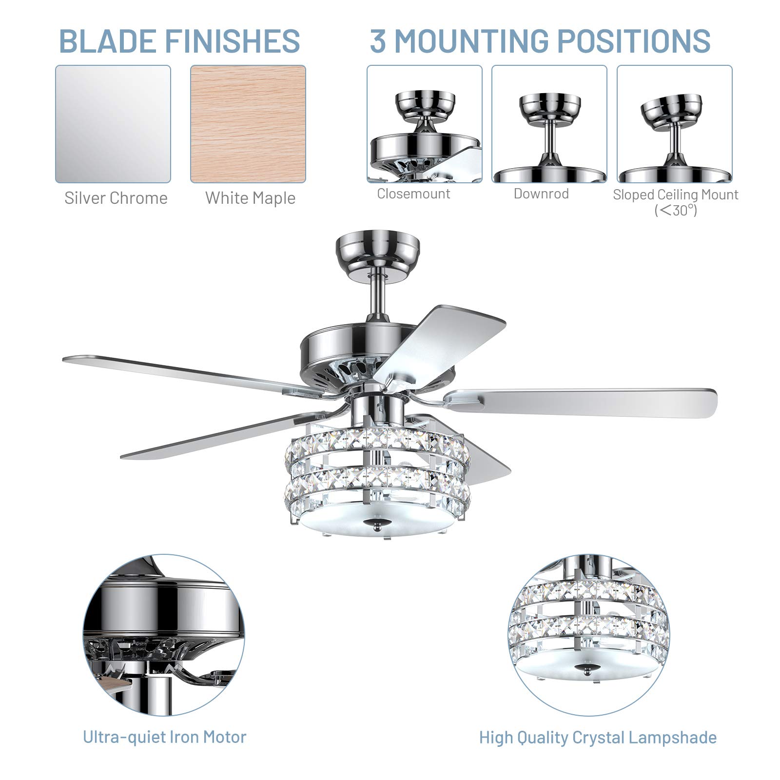 Tangkula Ceiling Fan with Crystal Light, 52 Inches Classical Ceiling Fan with Remote Control & 5 Iron Reversible Blades, 3 Speeds & 8 Hours Timer Function & Mute Motor (Silver)