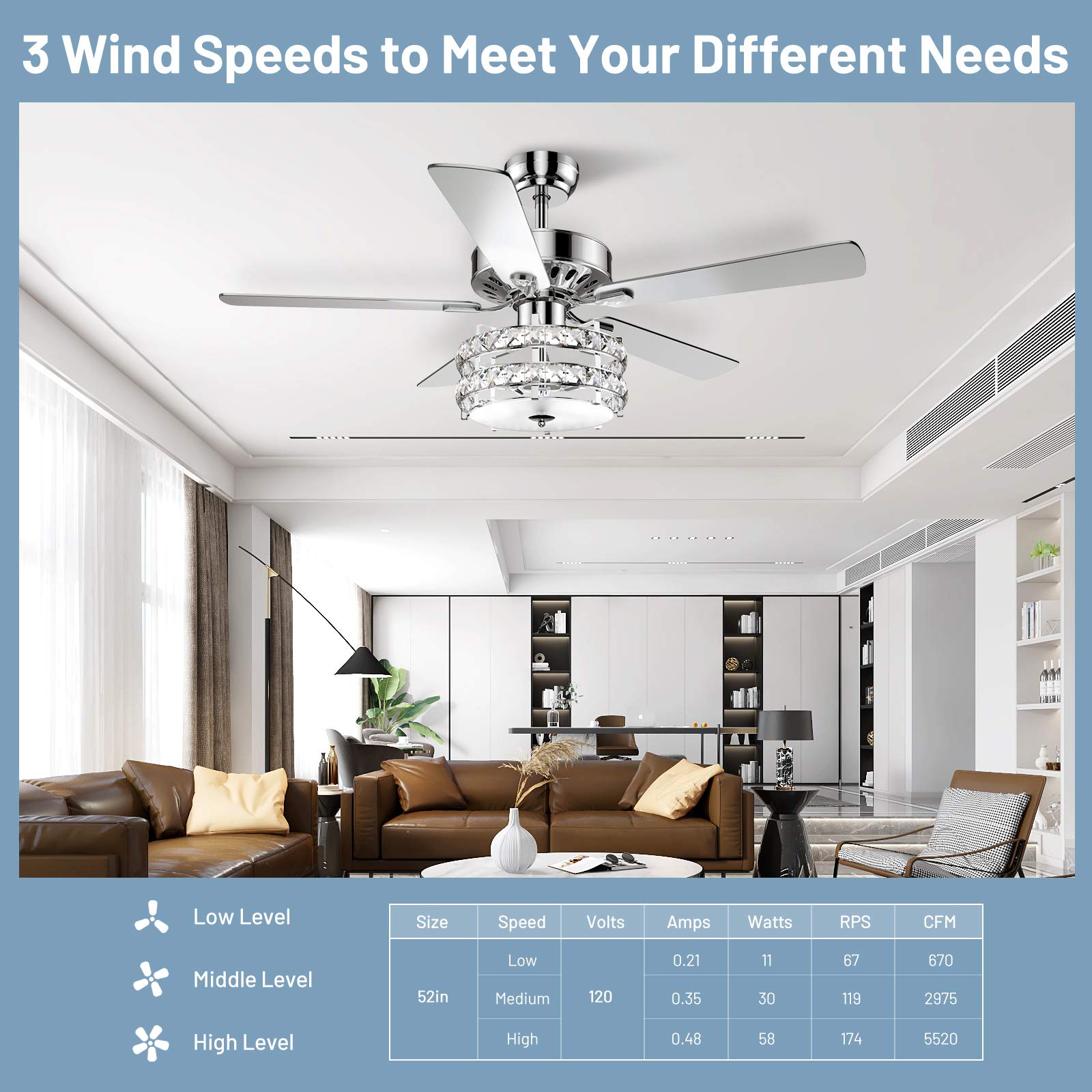 Tangkula Ceiling Fan with Crystal Light, 52 Inches Classical Ceiling Fan with Remote Control & 5 Iron Reversible Blades, 3 Speeds & 8 Hours Timer Function & Mute Motor (Silver)