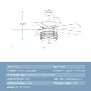 Tangkula Ceiling Fan with Crystal Light, 52 Inches Classical Ceiling Fan with Remote Control & 5 Iron Reversible Blades, 3 Speeds & 8 Hours Timer Function & Mute Motor (Silver)