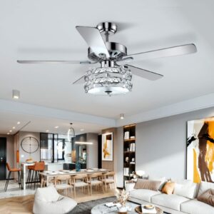 Tangkula Ceiling Fan with Crystal Light, 52 Inches Classical Ceiling Fan with Remote Control & 5 Iron Reversible Blades, 3 Speeds & 8 Hours Timer Function & Mute Motor (Silver)