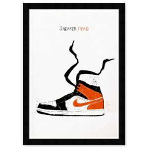 wynwood studio basketball sneakers wall art street style home décor framed poster print painting 'sneaker head drawing' in black, red swoosh jordans