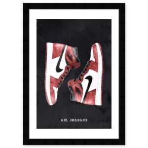 wynwood studio red basketball sneakers wall art street style home décor framed poster print painting 'classic sneakers' in black, red air swoosh jordans