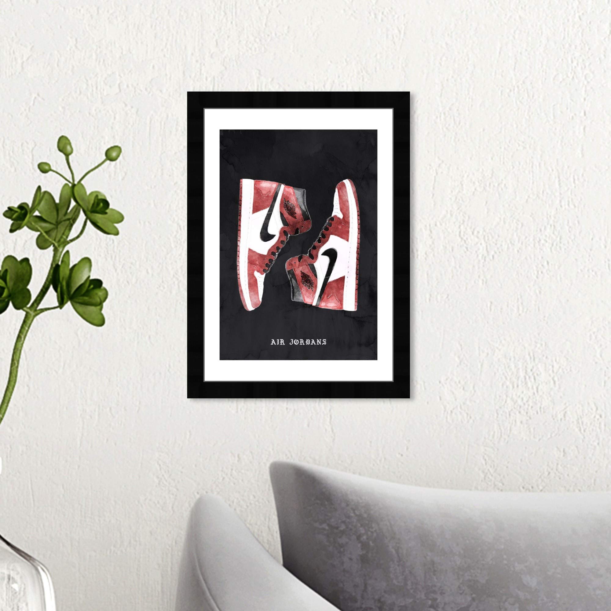 Wynwood Studio Red Basketball Sneakers Wall Art Street Style Home Décor Framed Poster Print Painting 'Classic Sneakers' in Black, Red Air Swoosh Jordans