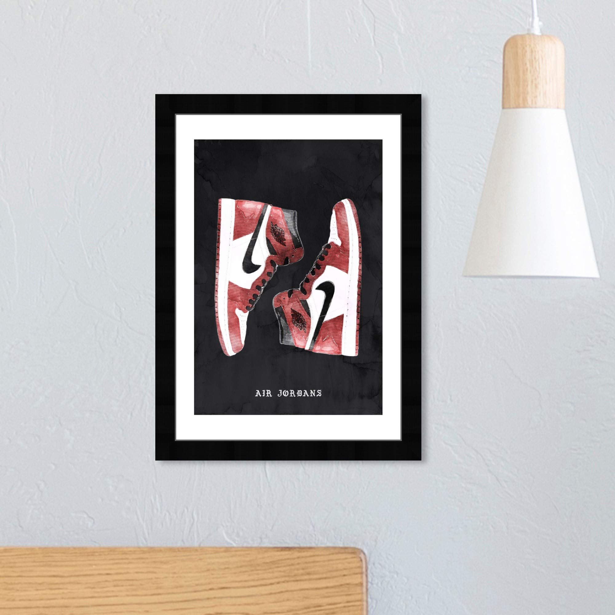 Wynwood Studio Red Basketball Sneakers Wall Art Street Style Home Décor Framed Poster Print Painting 'Classic Sneakers' in Black, Red Air Swoosh Jordans