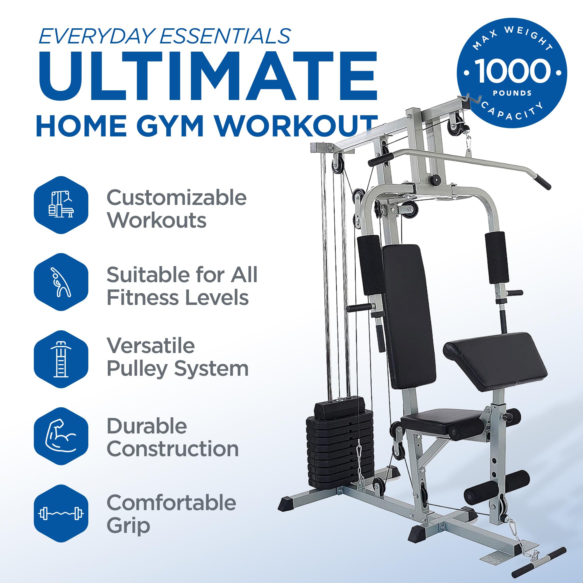 BalanceFrom Multifunctional Home Gym System Workout Station with Leg Extension and Preacher Curl, 122.5LB Weight Stack, Model 980