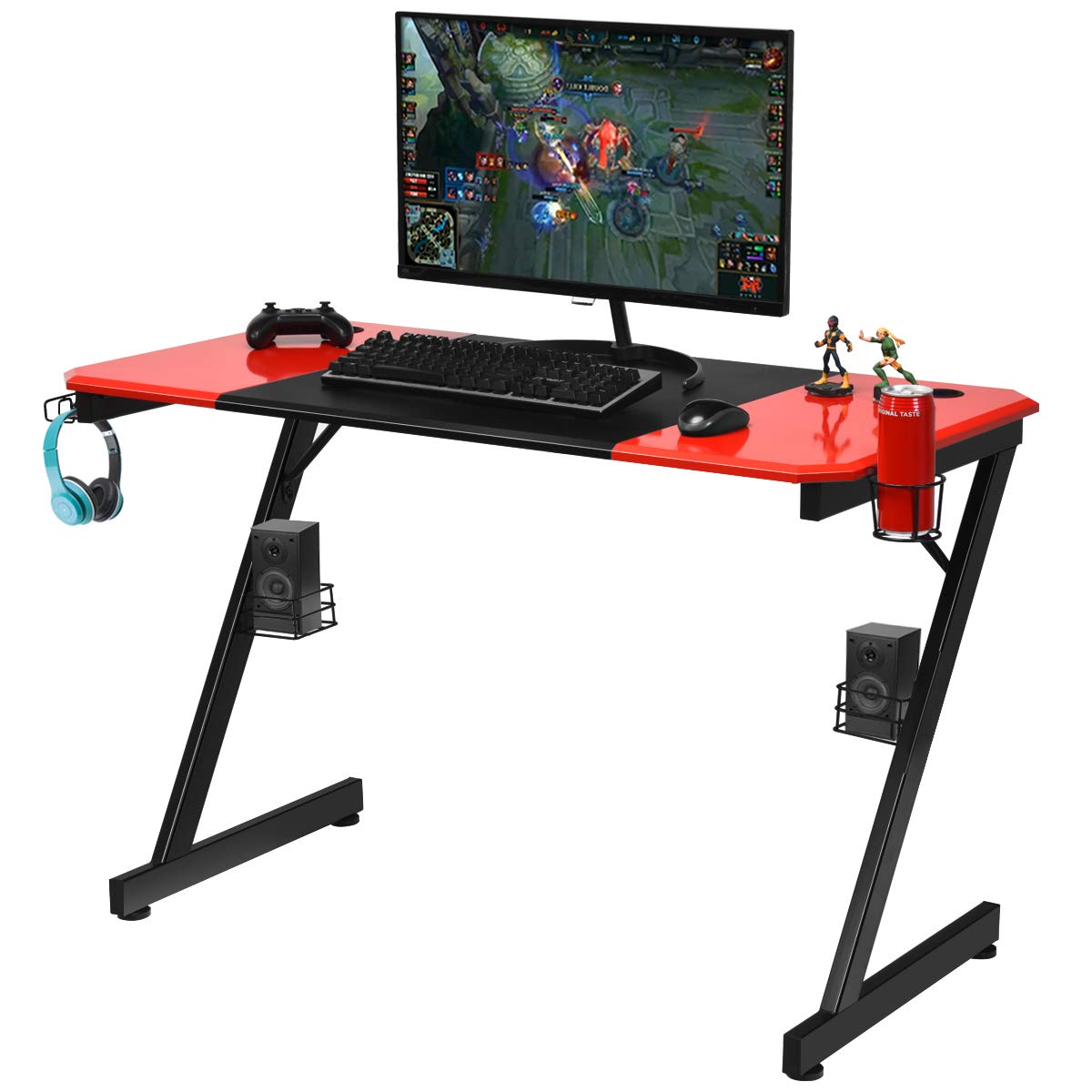 Tangkula Gaming Desk, Z-Shaped Computer Desk Professional Gamer Workstation with PVC Blow Molding Textured Surface, Gamer Table Desk w/Cup Holder, Headphone Hook & Audio Stands