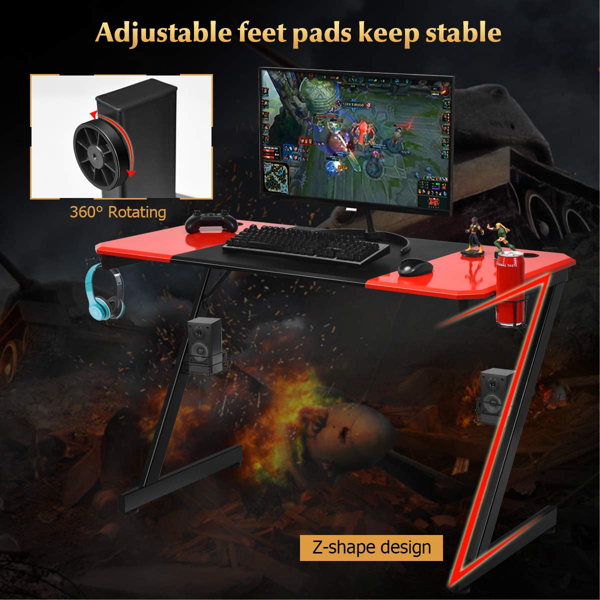 Tangkula Gaming Desk, Z-Shaped Computer Desk Professional Gamer Workstation with PVC Blow Molding Textured Surface, Gamer Table Desk w/Cup Holder, Headphone Hook & Audio Stands