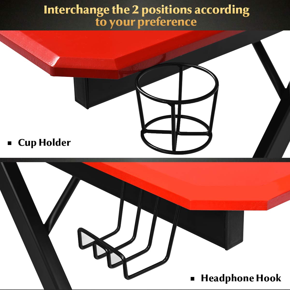 Tangkula Gaming Desk, Z-Shaped Computer Desk Professional Gamer Workstation with PVC Blow Molding Textured Surface, Gamer Table Desk w/Cup Holder, Headphone Hook & Audio Stands