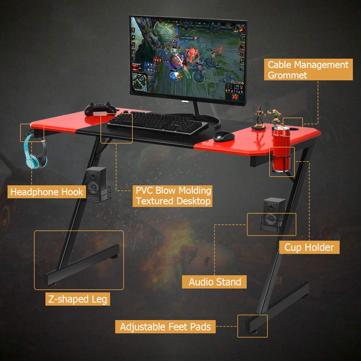 Tangkula Gaming Desk, Z-Shaped Computer Desk Professional Gamer Workstation with PVC Blow Molding Textured Surface, Gamer Table Desk w/Cup Holder, Headphone Hook & Audio Stands