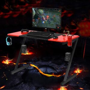 Tangkula Gaming Desk, Z-Shaped Computer Desk Professional Gamer Workstation with PVC Blow Molding Textured Surface, Gamer Table Desk w/Cup Holder, Headphone Hook & Audio Stands