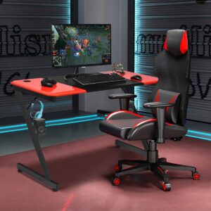 Tangkula Gaming Desk, Z-Shaped Computer Desk Professional Gamer Workstation with PVC Blow Molding Textured Surface, Gamer Table Desk w/Cup Holder, Headphone Hook & Audio Stands