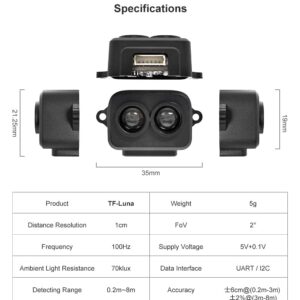 youyeetoo TF-Luna Lidar Sensor Kit, with 1x USB-TTL Adapter 1x Dupont Line, 0.2-8m Measurement Range Distance, Support Raspberry Arduino STM32 MCU for Drone Industrial Sensing Robot Smart Home