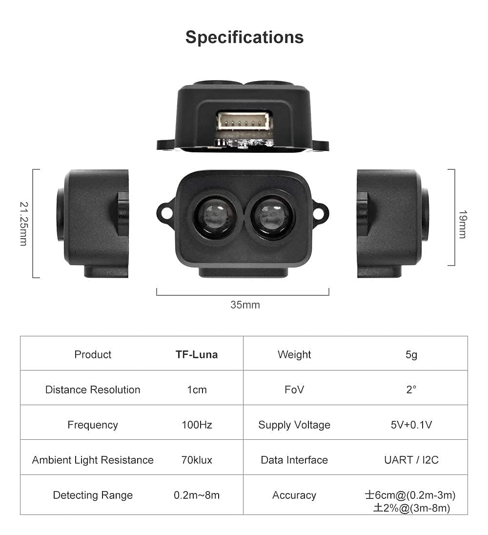 youyeetoo TF-Luna Lidar Sensor Kit, with 1x USB-TTL Adapter 1x Dupont Line, 0.2-8m Measurement Range Distance, Support Raspberry Arduino STM32 MCU for Drone Industrial Sensing Robot Smart Home