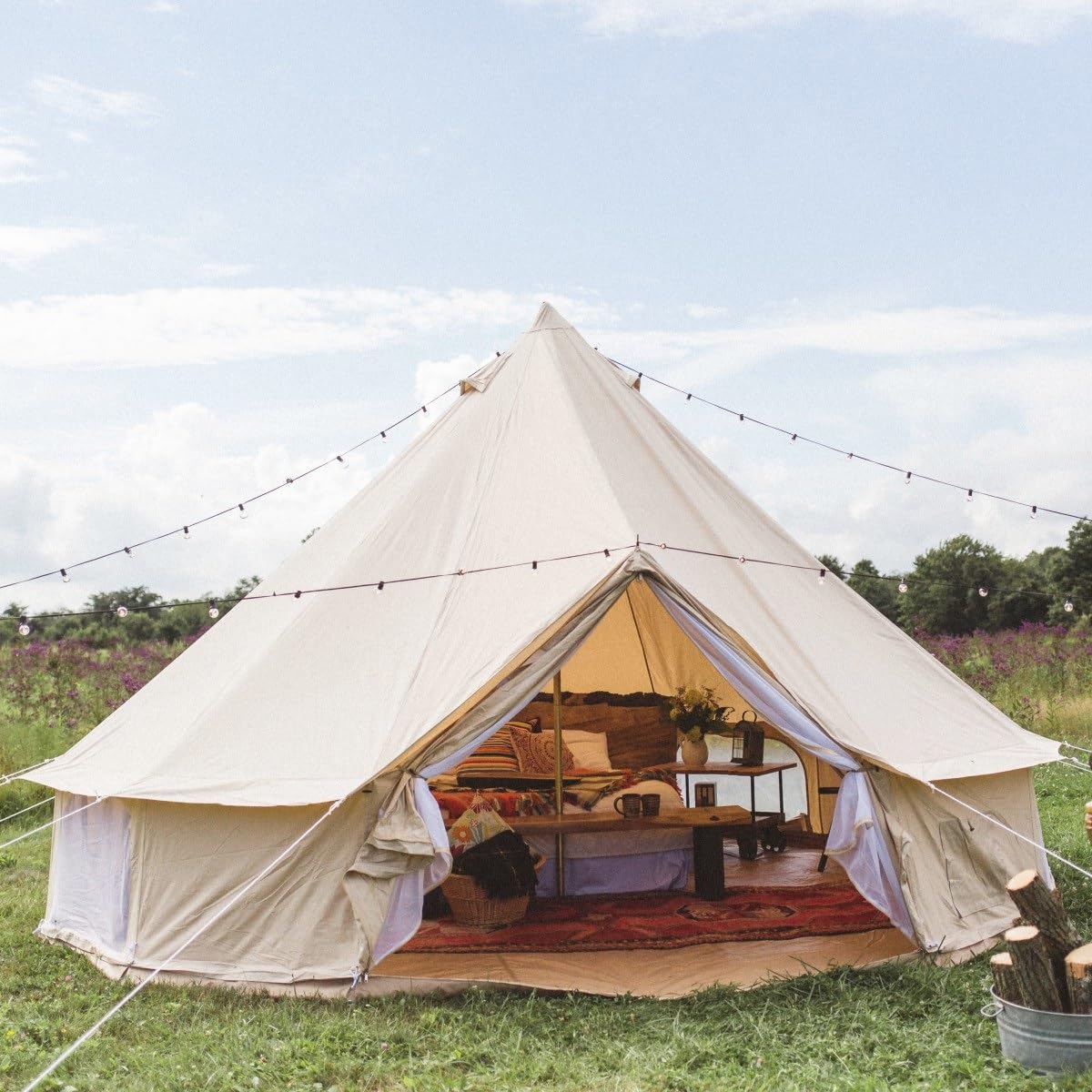 Outdoor Glamping Safari Tent Luxury Cotton Canvas 3M/4M/5M/6M Yurt Bell Tent for Family Camping (Beige Canvas, 4M Bell Tent)