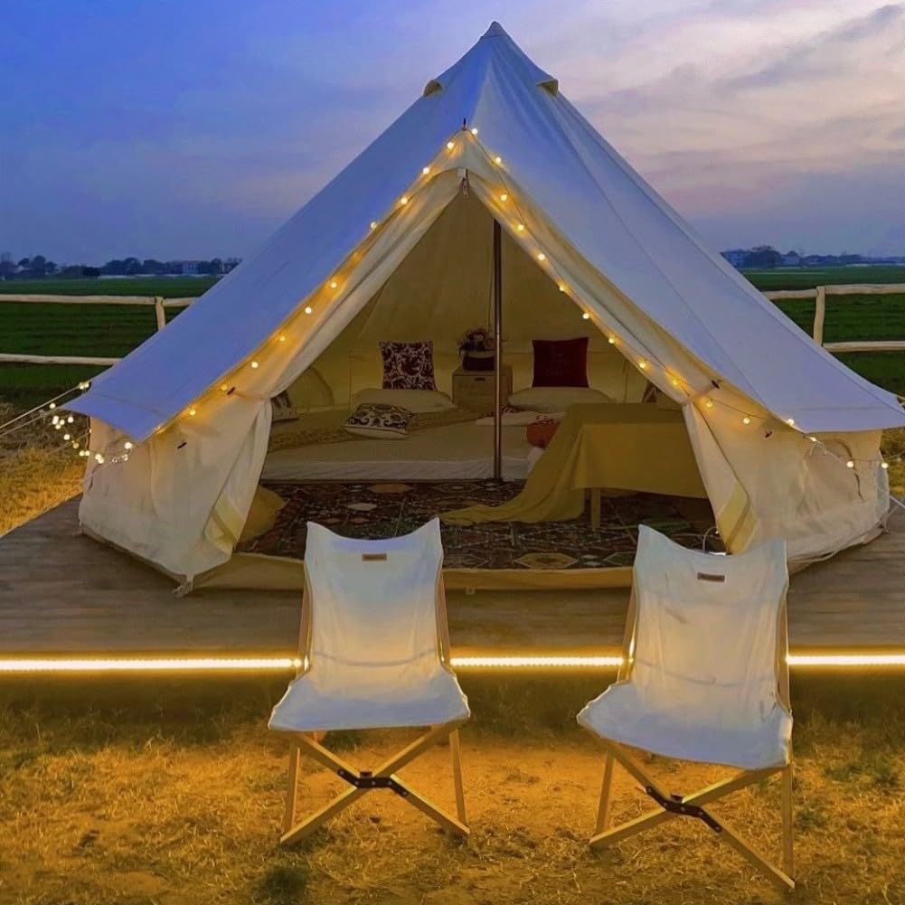 Outdoor Glamping Safari Tent Luxury Cotton Canvas 3M/4M/5M/6M Yurt Bell Tent for Family Camping (Beige Canvas, 4M Bell Tent)