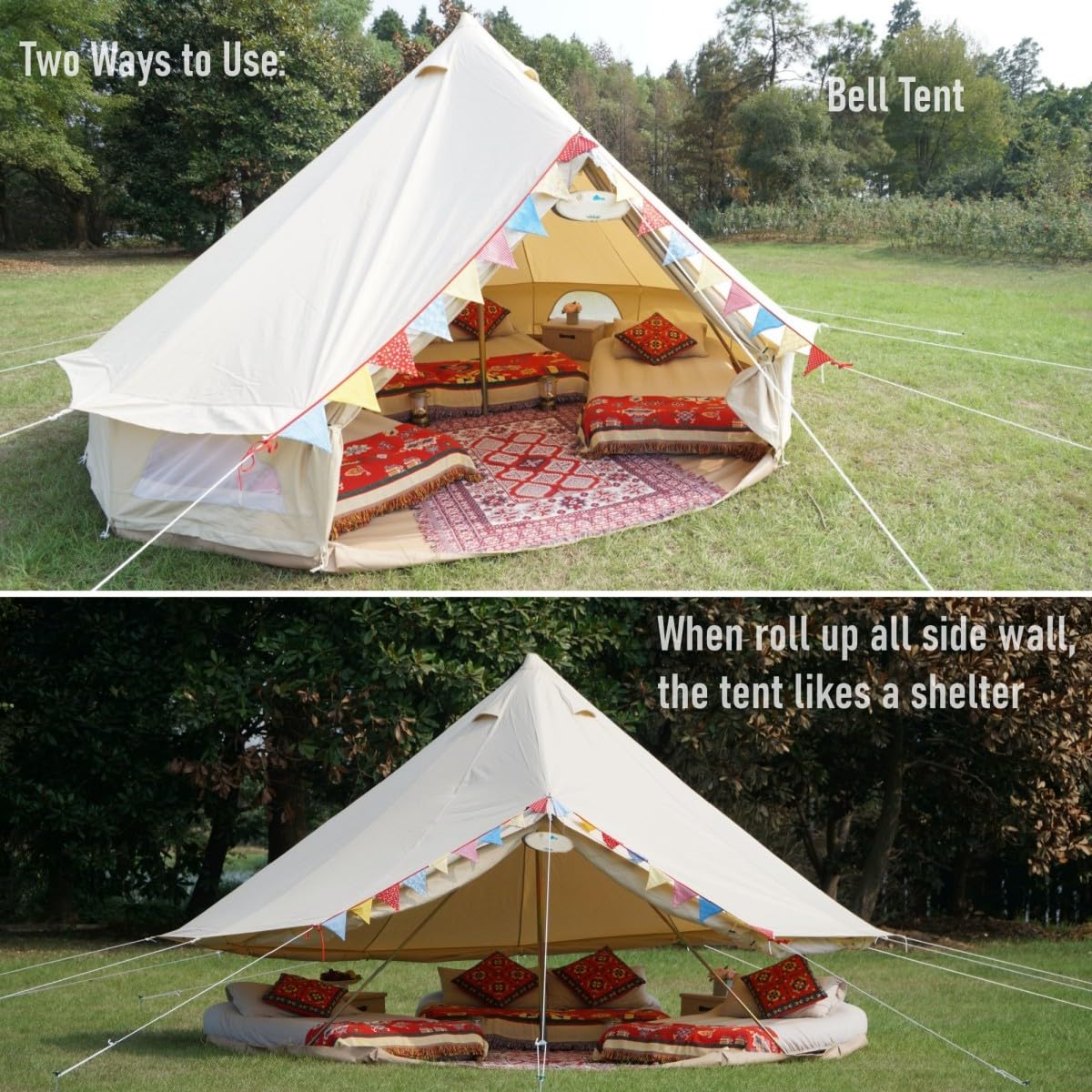 Outdoor Glamping Safari Tent Luxury Cotton Canvas 3M/4M/5M/6M Yurt Bell Tent for Family Camping (Beige Canvas, 4M Bell Tent)