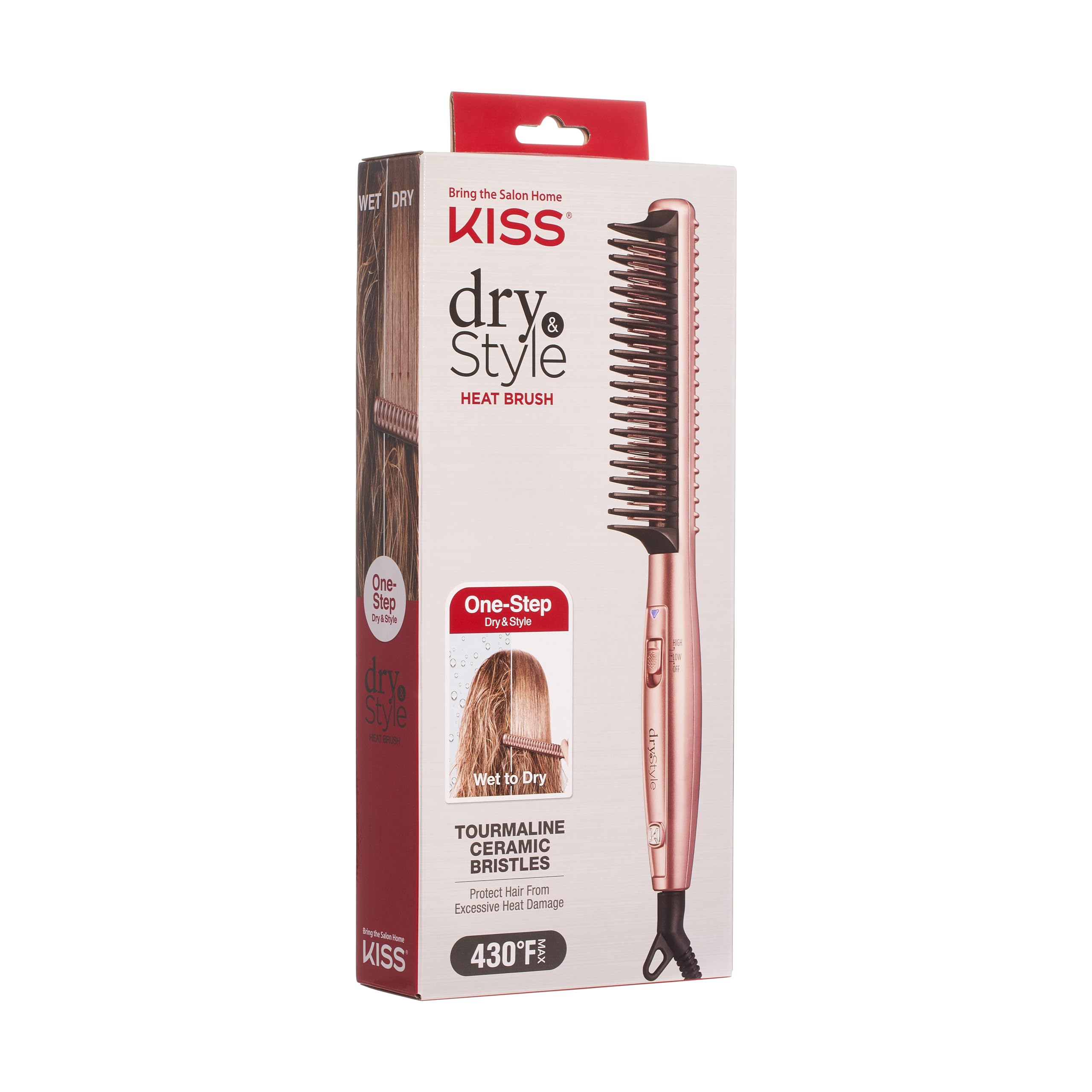 KISS Dry and Style Heat Brush, Wet to Dry Detangling and Volumizing Heat Comb, Tourmaline Ceramic Bristles, 2 Temperature Settings, Ultra Lightweight Handle, 360° Swivel Power Cord, 1.19 Lbs.