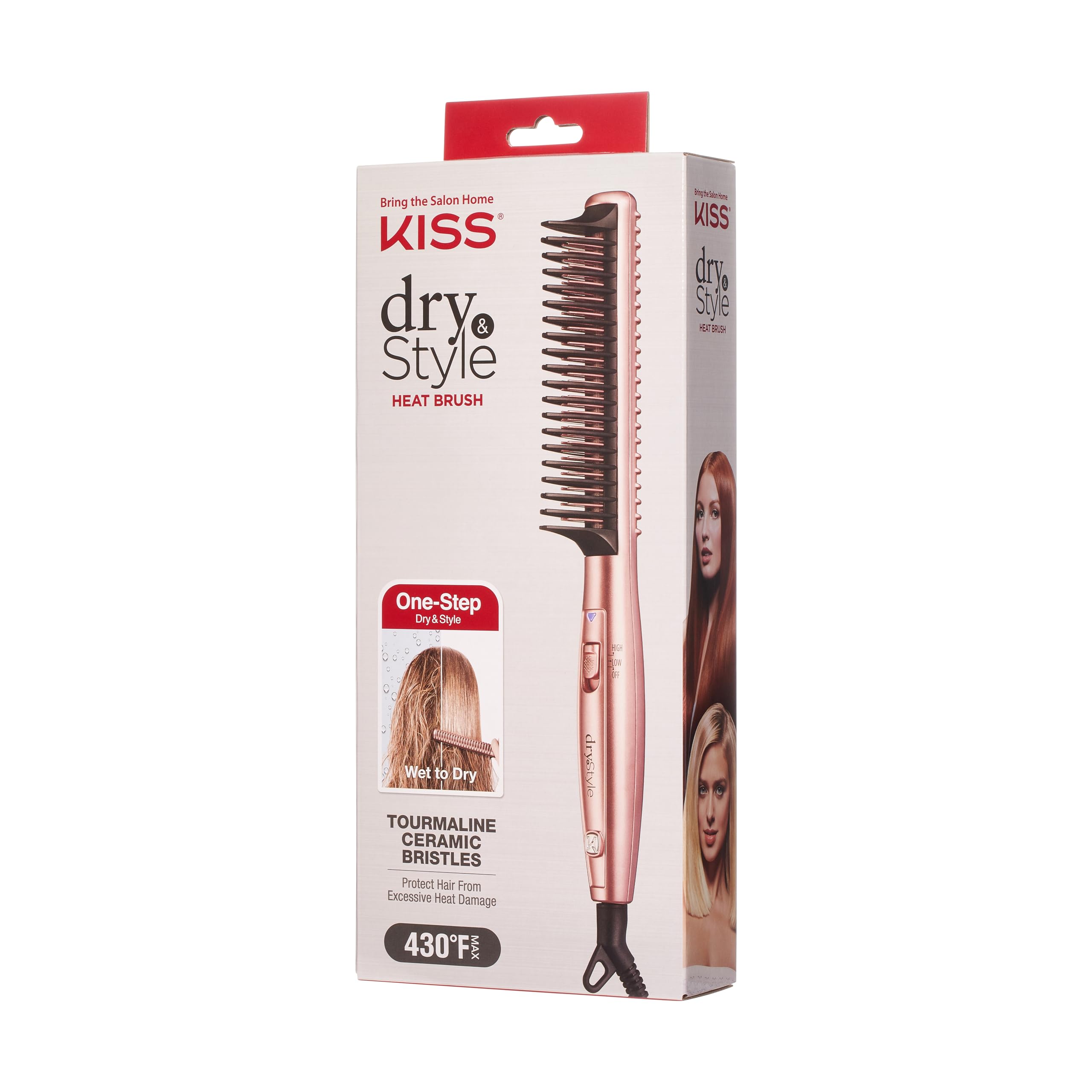 KISS Dry and Style Heat Brush, Wet to Dry Detangling and Volumizing Heat Comb, Tourmaline Ceramic Bristles, 2 Temperature Settings, Ultra Lightweight Handle, 360° Swivel Power Cord, 1.19 Lbs.