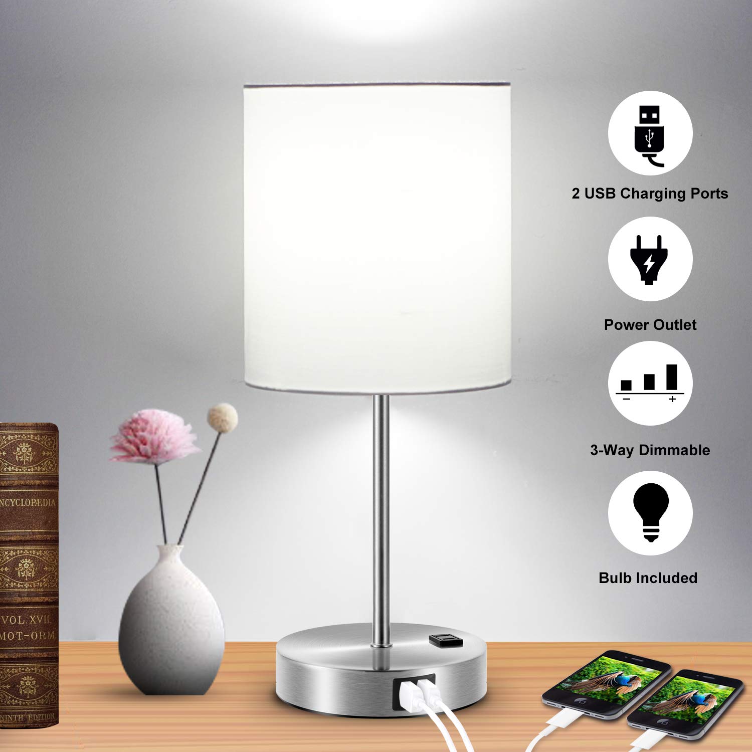 Touch Control Table Lamp, 3-Way Dimmable Lamp with 2 Fast Charging USB Ports & Power Outlet, Bedside Lamp, Nightstand Lamp, USB Lamp for Bedroom, Living Room, Office, Daylight White Bulb Included