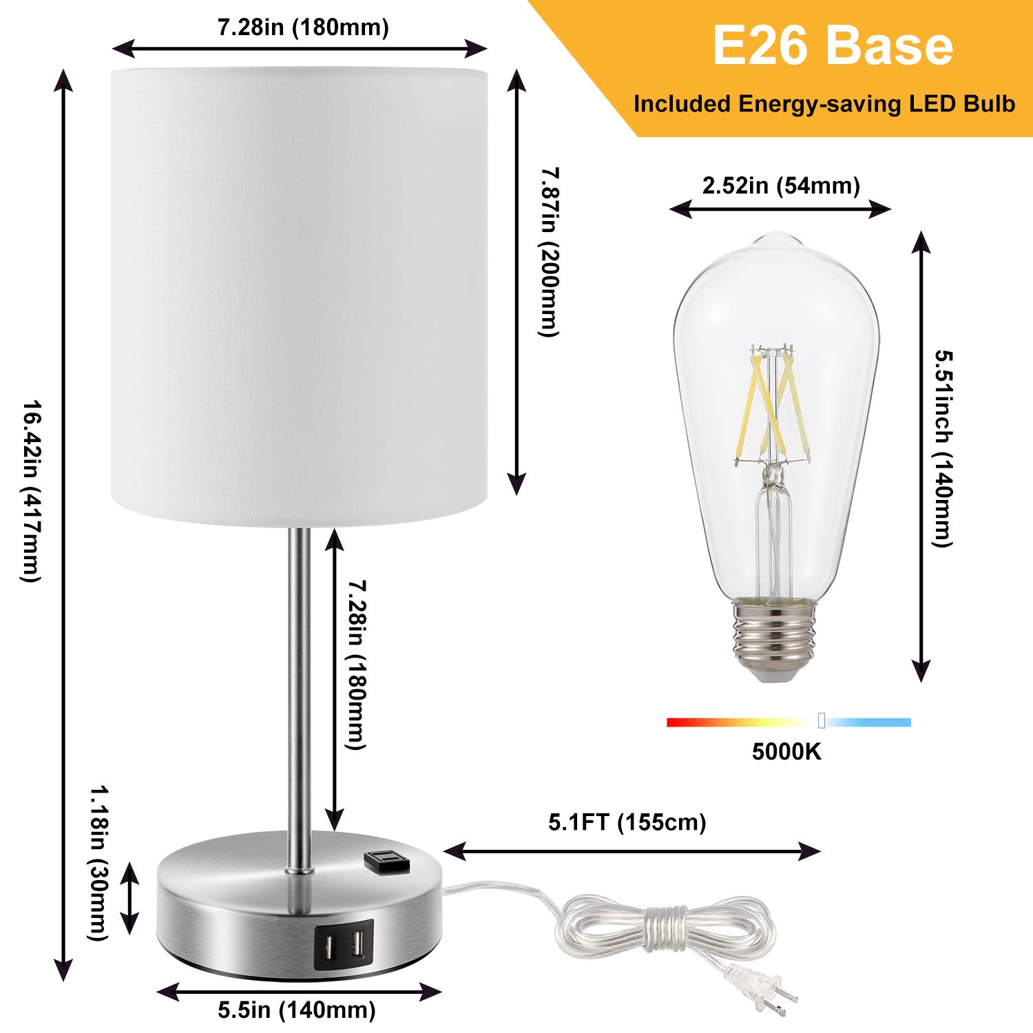 Touch Control Table Lamp, 3-Way Dimmable Lamp with 2 Fast Charging USB Ports & Power Outlet, Bedside Lamp, Nightstand Lamp, USB Lamp for Bedroom, Living Room, Office, Daylight White Bulb Included