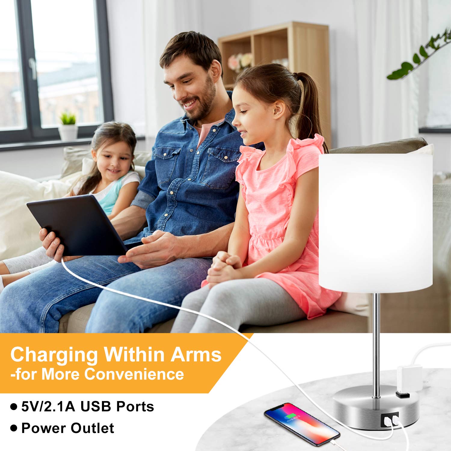 Touch Control Table Lamp, 3-Way Dimmable Lamp with 2 Fast Charging USB Ports & Power Outlet, Bedside Lamp, Nightstand Lamp, USB Lamp for Bedroom, Living Room, Office, Daylight White Bulb Included