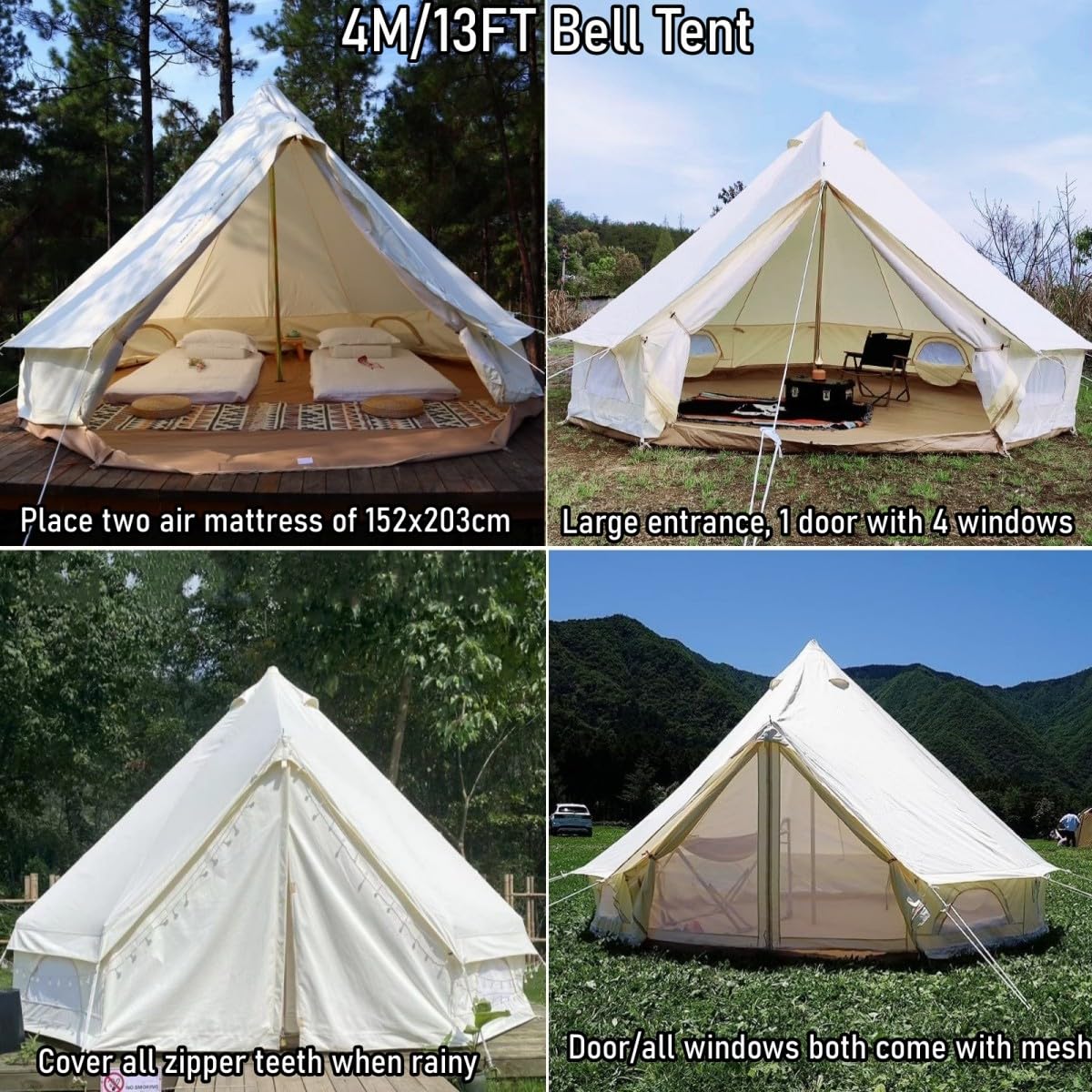 Latourreg Outdoor Luxury Waterproof 3M/4M/5M/6M Oxford Bell Tent with Zipped Detachable Groundsheet (White Oxford Cloth, 4M Bell Tent)