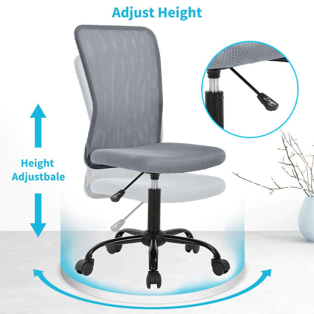 Ergonomic Desk Chair Mid Back Mesh Chair Height Adjustable Office Chair, Home Office Chair Modern Task Computer Chair No Armrest Executive Rolling Swivel Chair with Casters (Grey)