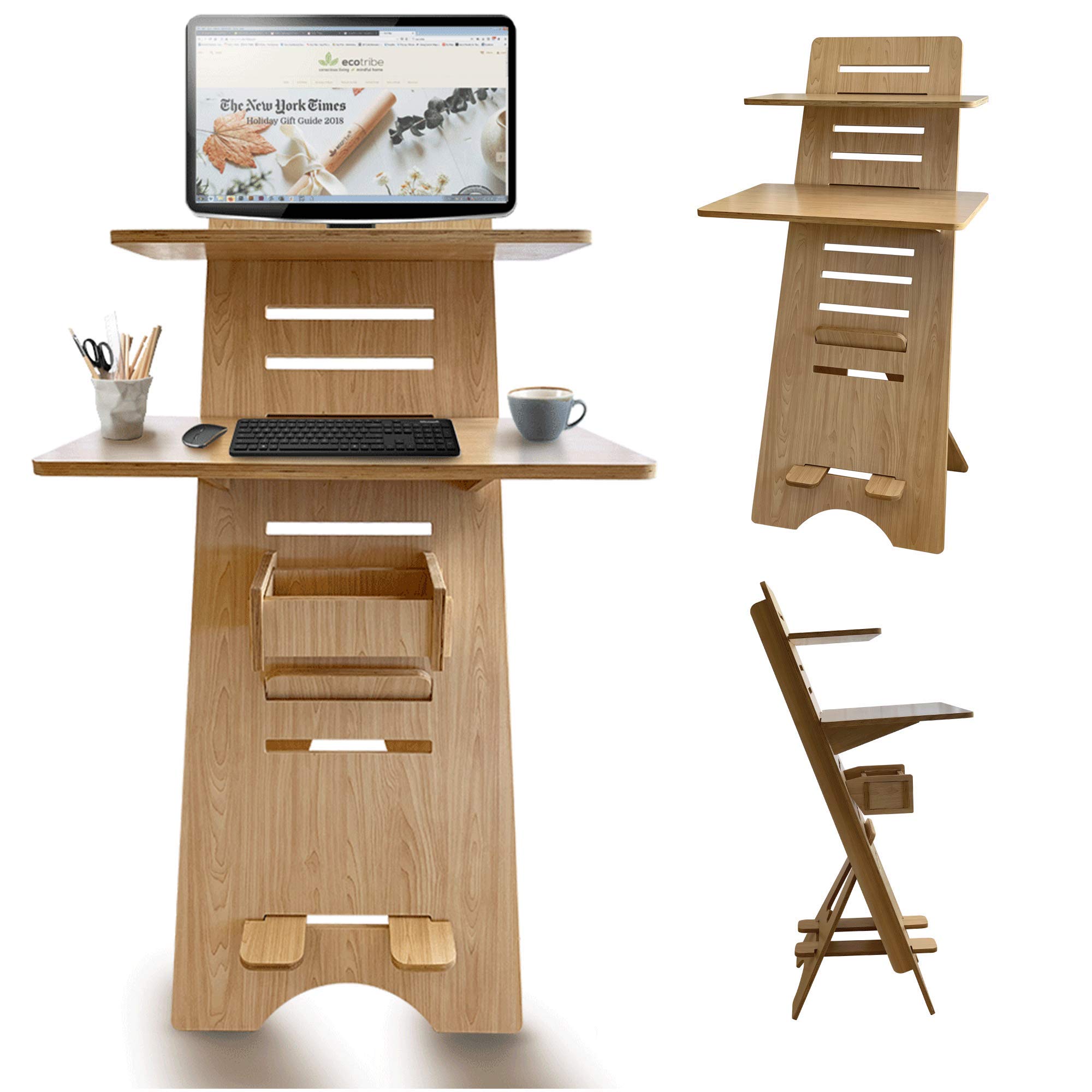 ecotribe Modern Height Adjustable 2 Tier Desk for Small Spaces - Compact Narrow 30 inch Wide Sit/Stand Up Desk - Easy Adjustable Standing Desk for Study, Bedroom & Home Office