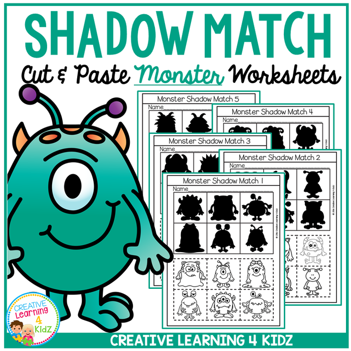 Shadow Matching Monster Cut & Paste Worksheets