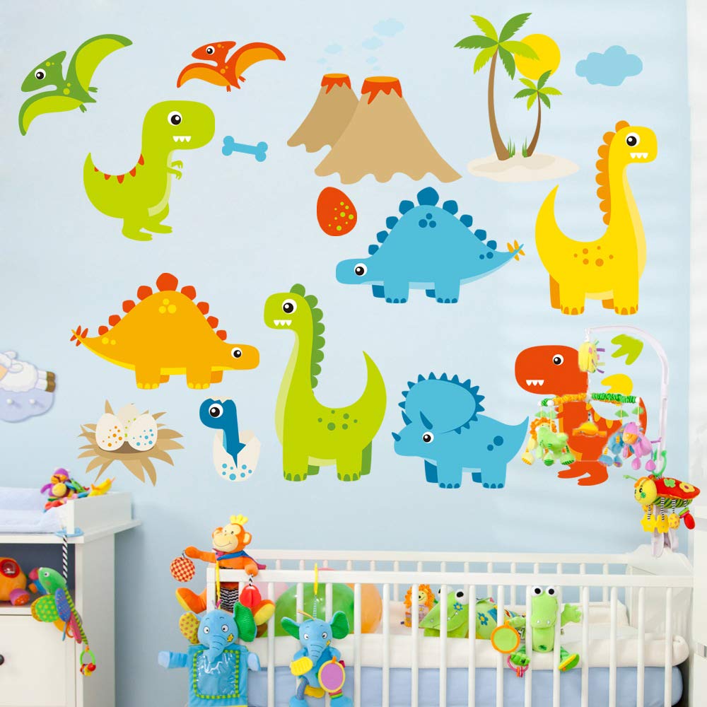 Cute Cartoon Dinosaur Wall Decals, Peel and Stick Colorful Wall Art Mural for Kids Bedroom,Nursery, Classroom & More,17.7 x23.6inch